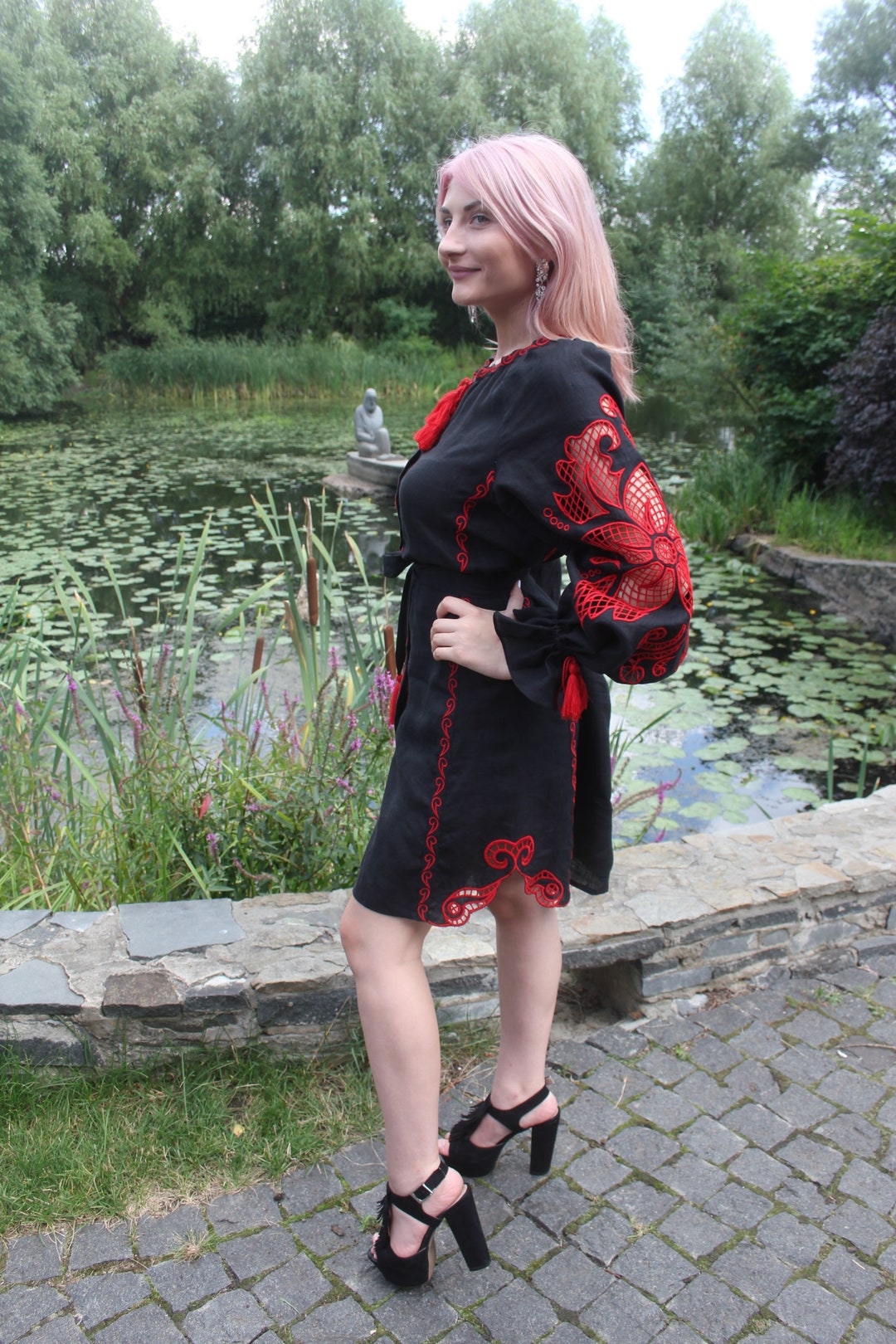 Linen Cutwork Embroidered Mini Dress wonderflower Black, Red Embroidery ...