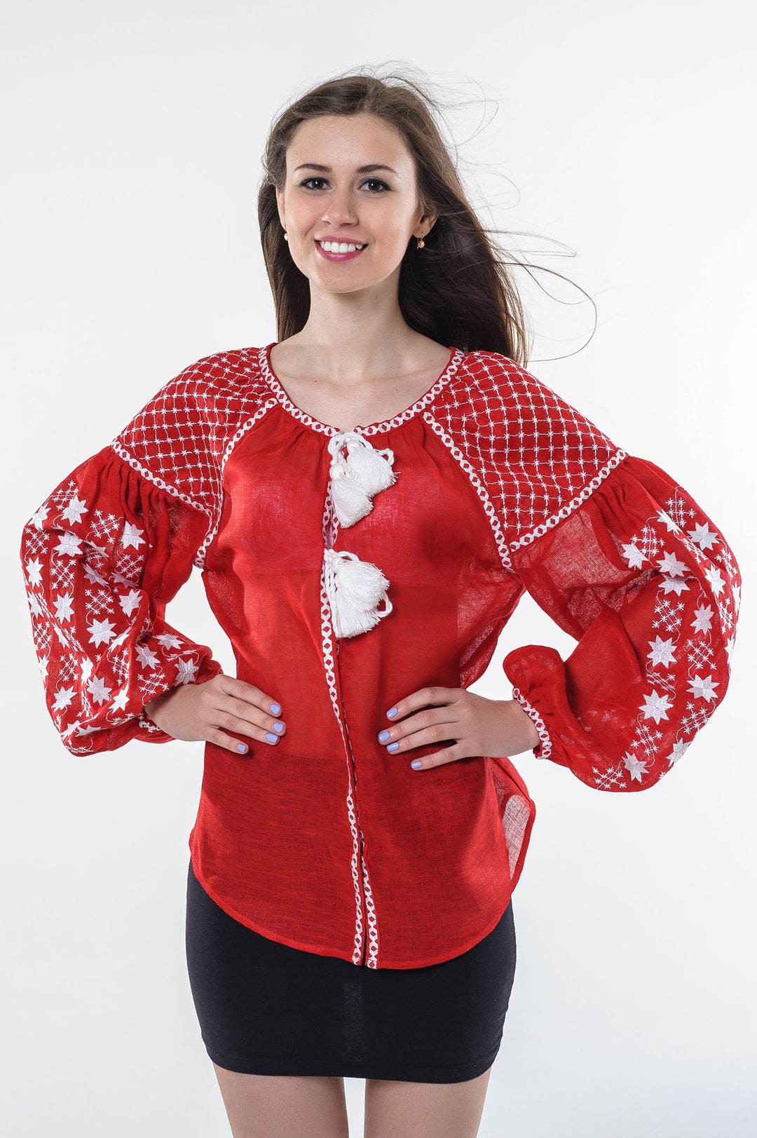 Llinen Embroidered Blouse "starry Night" Red With White Embroidery ...
