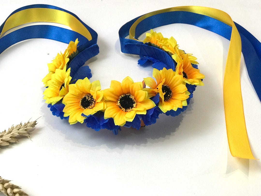 Ukrainian Diadem With Artificial Flowers, Flower Tiara, Blue and Yellow ...