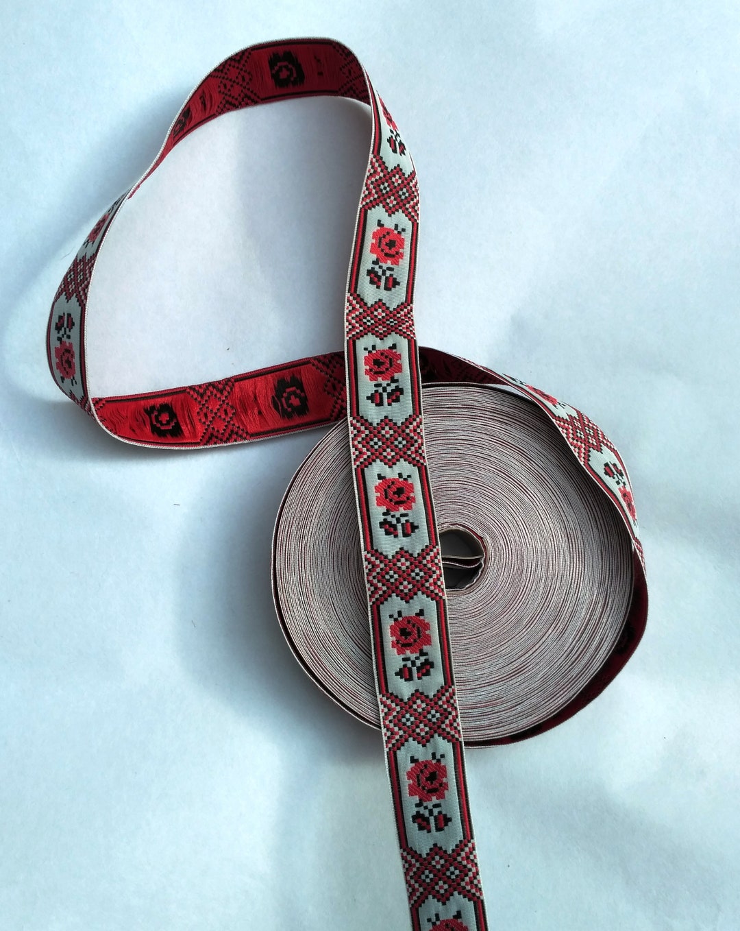 Jacquard Ribbon Trim, Roll 25 M Red Rose Embroidery Trim, Ukrainian ...