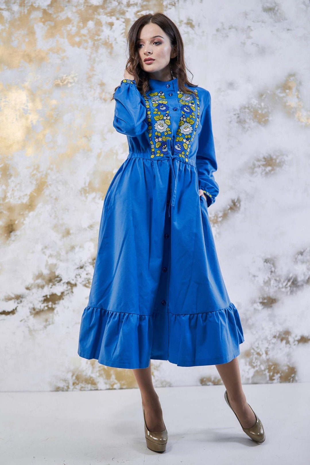 Linen Embroidered Dress Midi, Ukrainian Ethnic Dress With Traditional ...