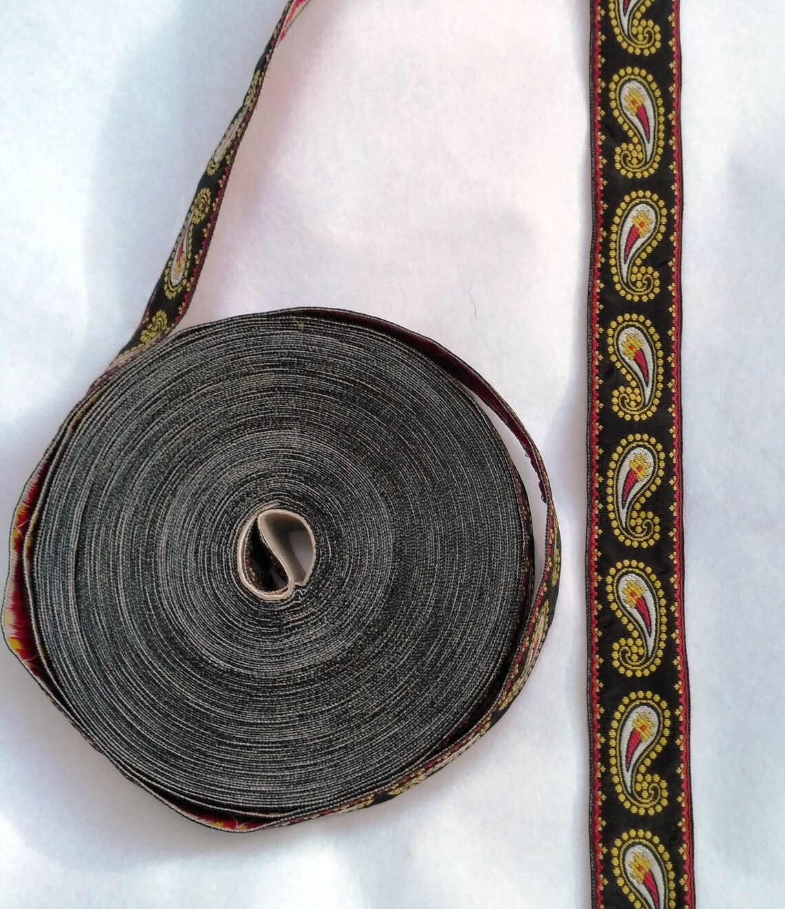 Jacquard Ribbon Trim, Paisley Trim, Black and Yellow Embroidery Trim ...