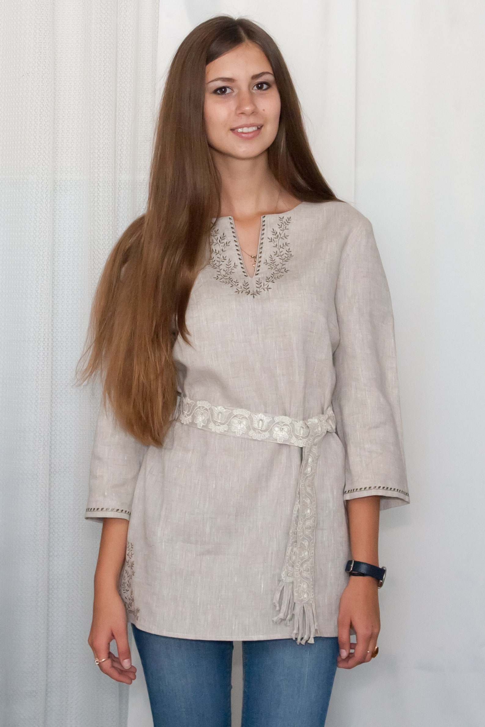 Linen Tunic Embroidered, Uncolored Linen Dress Ultramini, Natural Linen ...