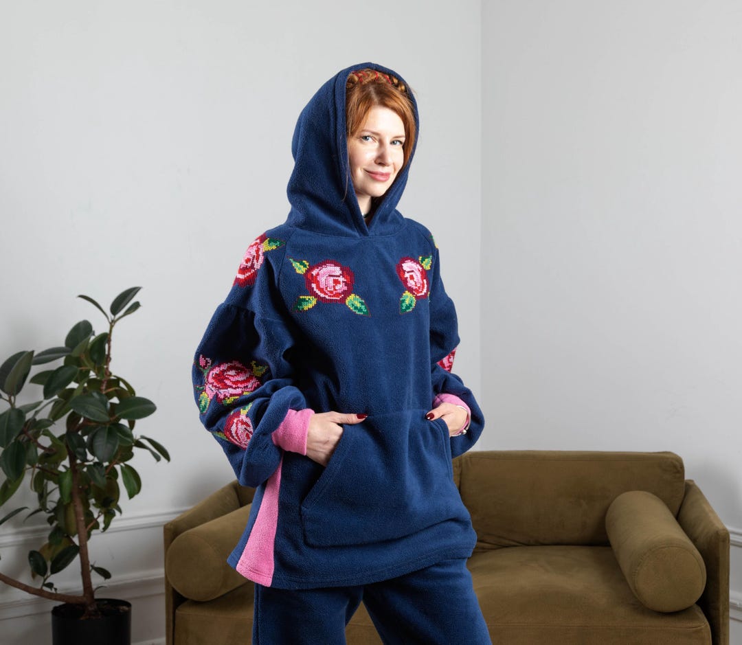 Rose Embroidered Hoodie Fleece, Warm Fleece Set, Floral Hoodie, Sports ...
