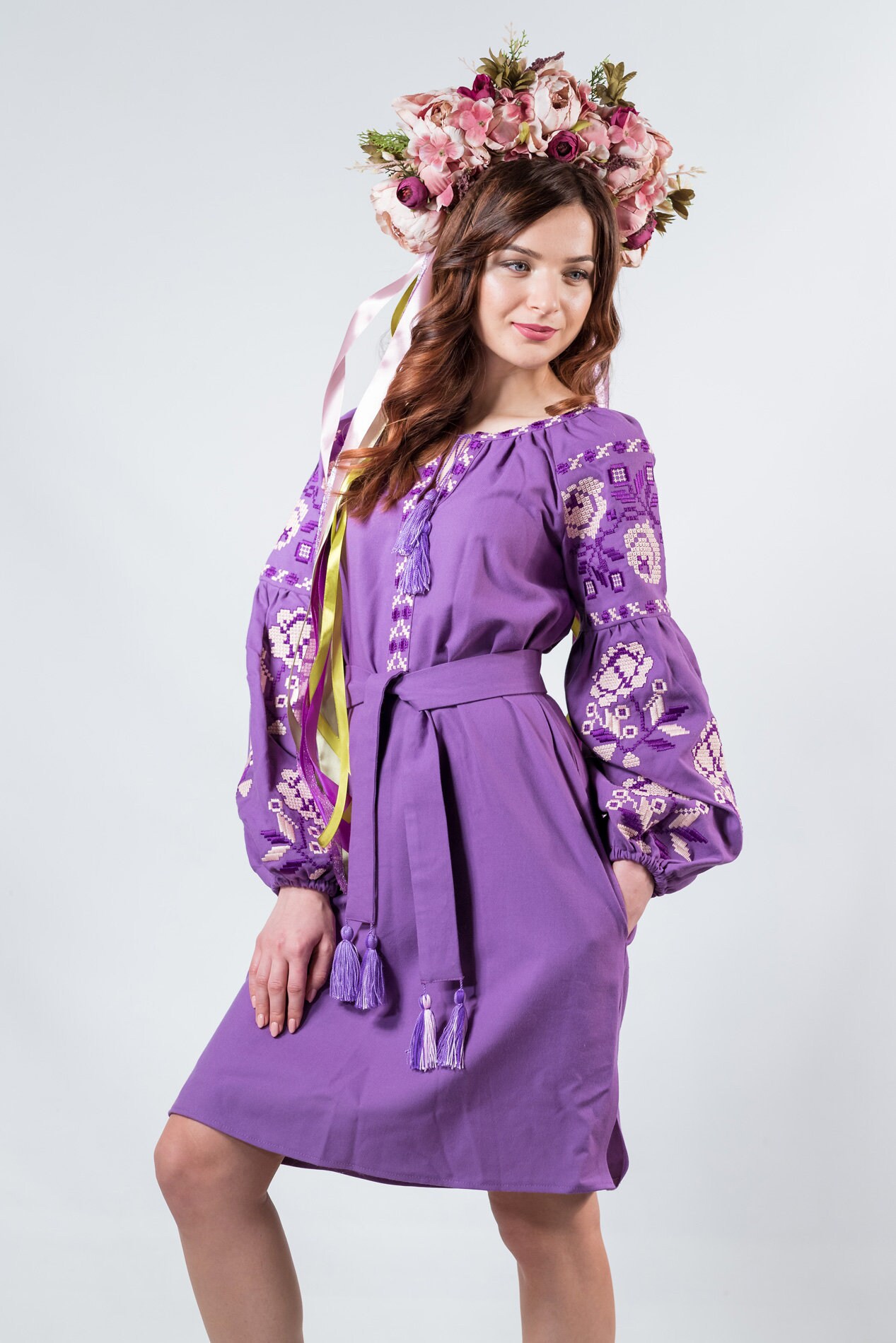 Linen Embroidered Dress Midi, Ukrainian Ethnic Dress With Traditional ...