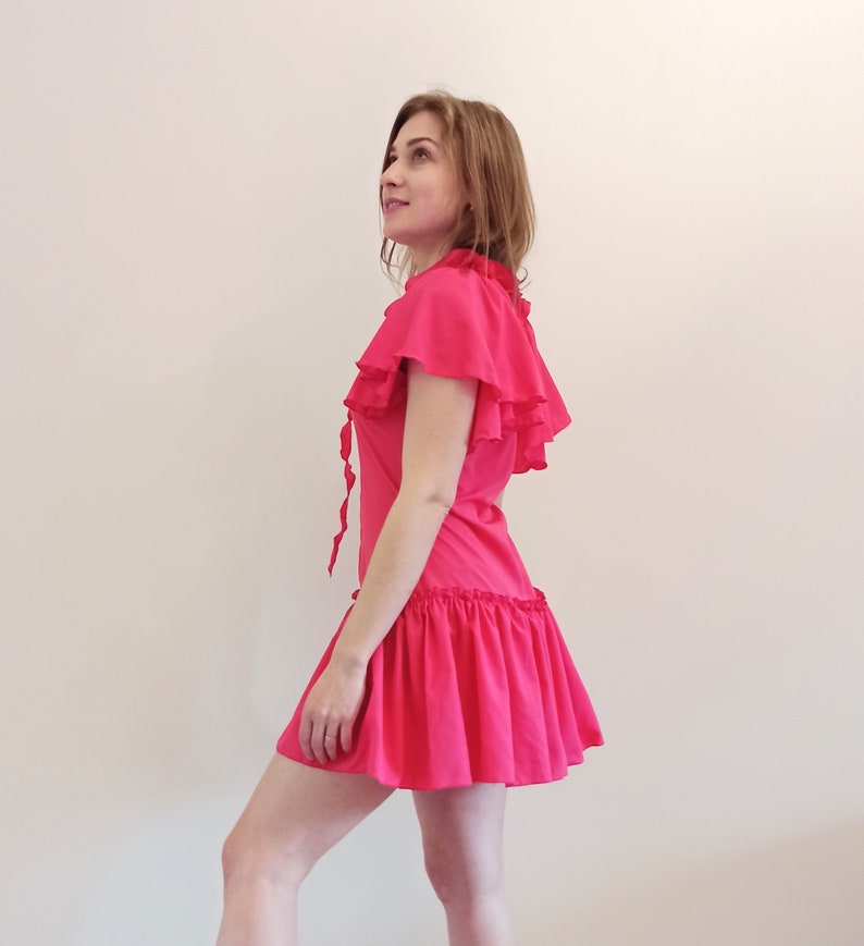 Frilled Sleeve Mini Dress With Ruffles Linen Fuchsia Frilled - Etsy