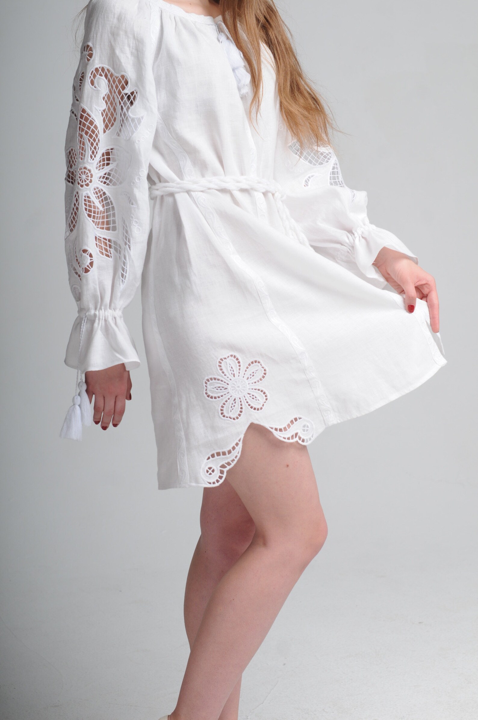 Linen Cutwork Embroidered Mini Dress wonderflower | Etsy