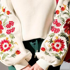 Floral Embroidered Sweatshirt: White Cotton Warm Top, Embroidered ...