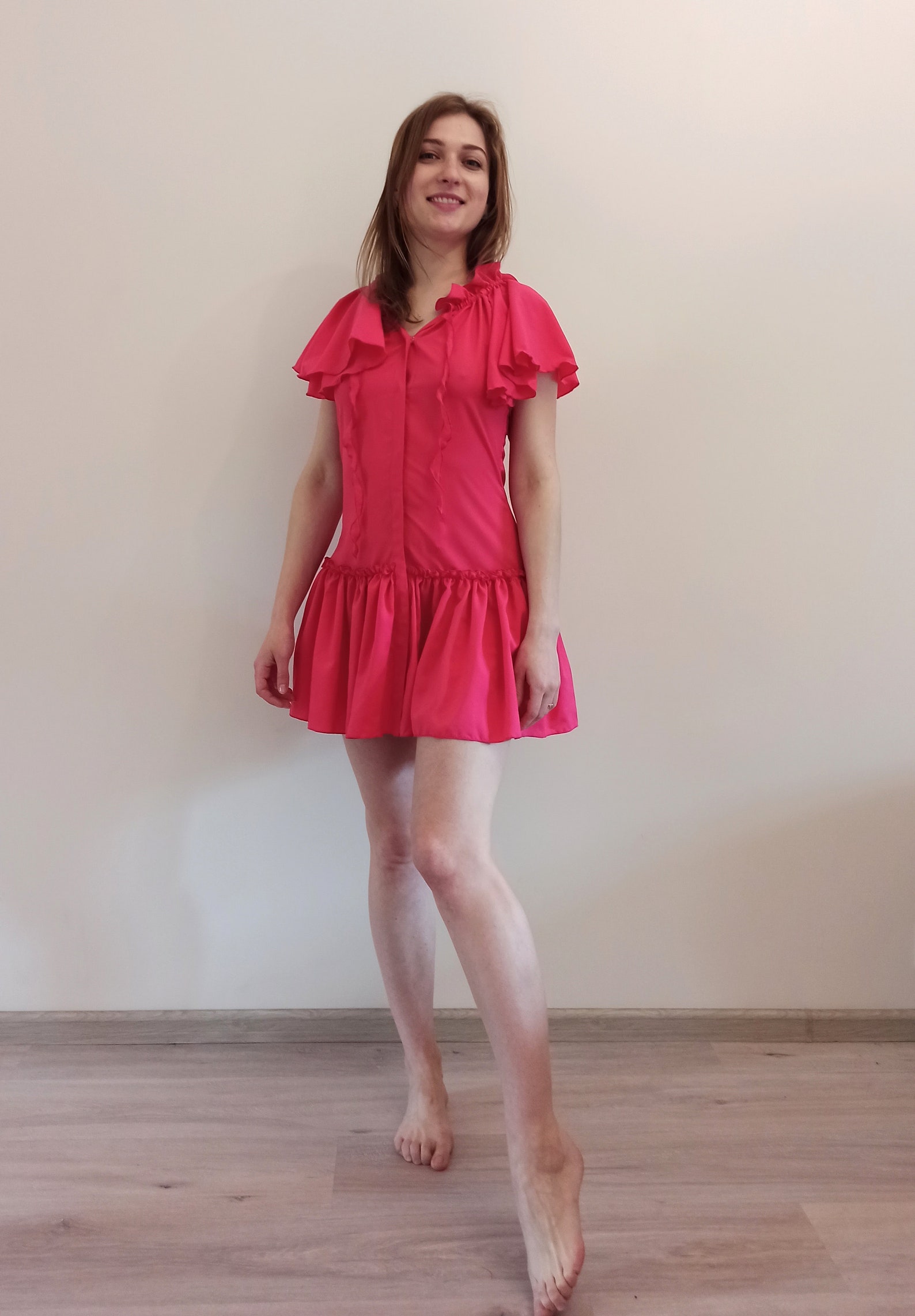Frilled Sleeve Mini Dress With Ruffles Linen Fuchsia Frilled - Etsy