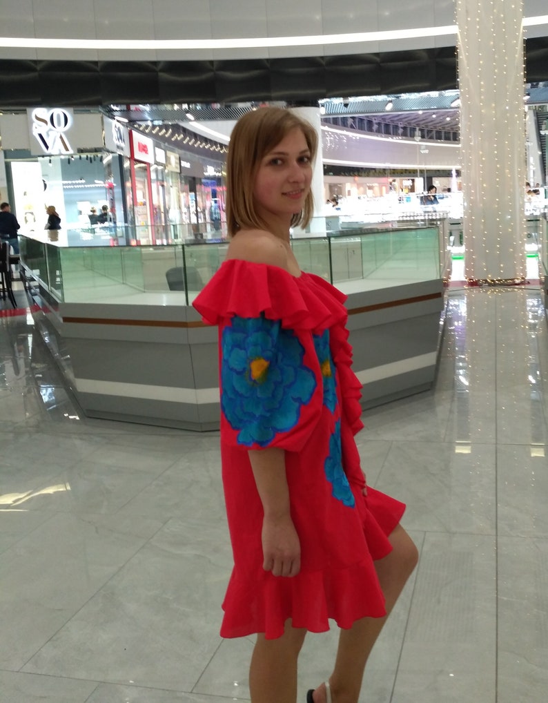 Batiste Embroidered Dress "wild Flower" Mini Red With Multycolour ...