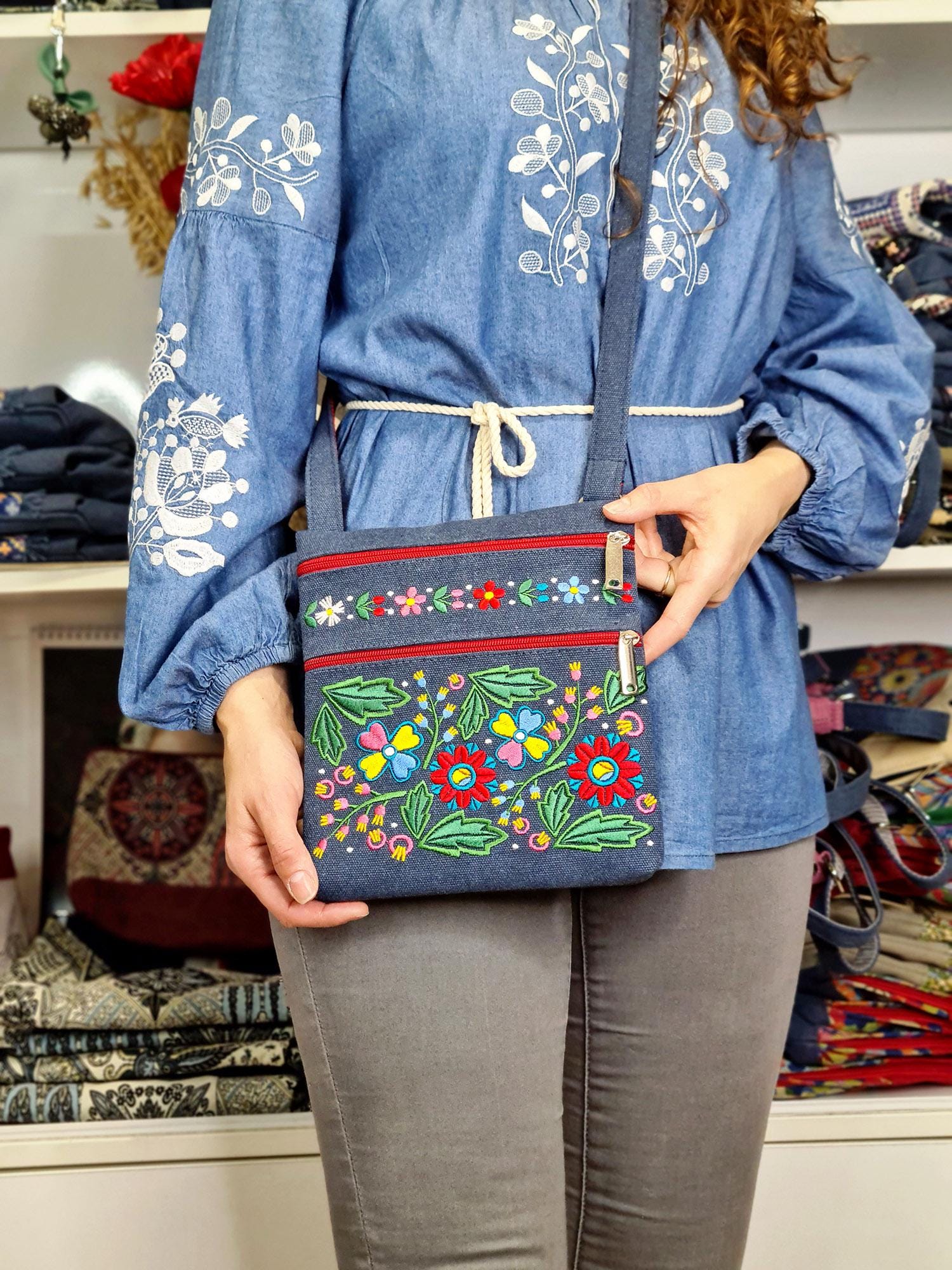 Ukrainian Embroidered Denim Shoulder Bag, Denim Clutch, Folk Tote Bag ...