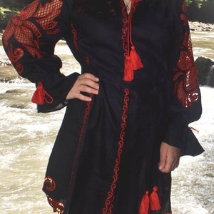 Linen Cutwork Embroidered Mini Dress wonderflower Black, Red Embroidery ...