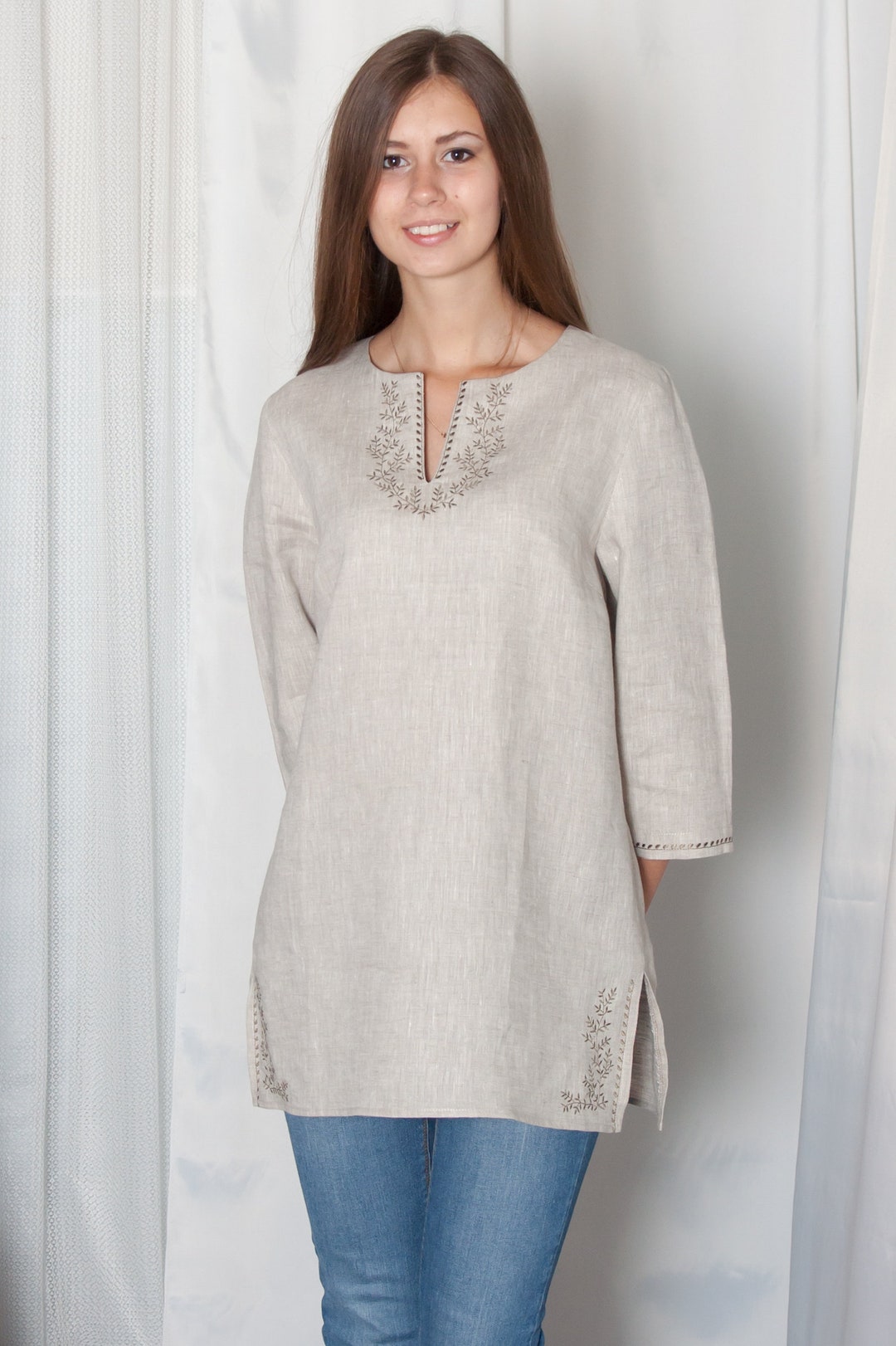 Linen Tunic Embroidered, Uncolored Linen Dress Ultramini, Natural Linen ...