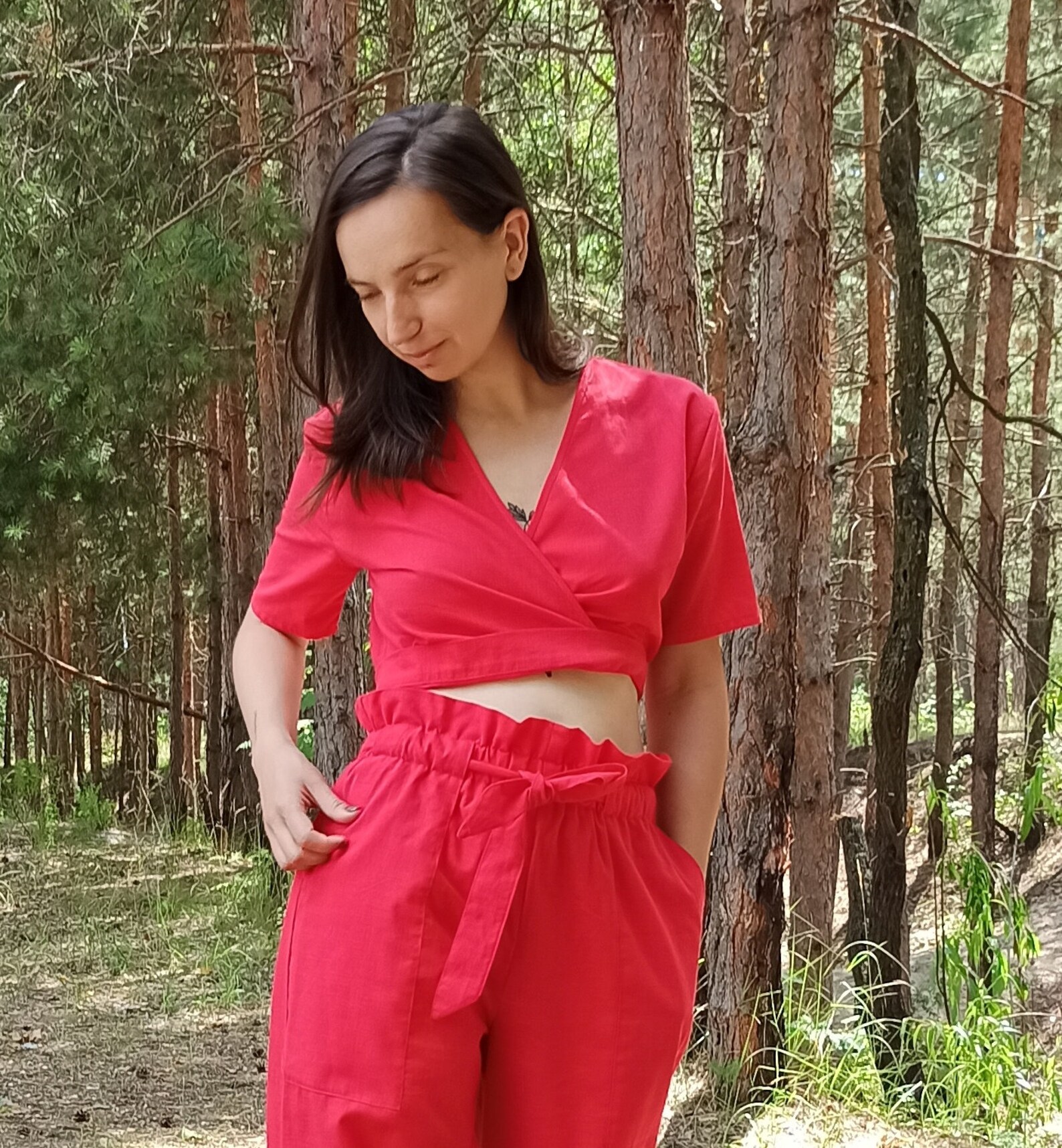 Crop Wrap Top Linen Red, Deep V Linen Top, Short Sleeves Crop Top ...