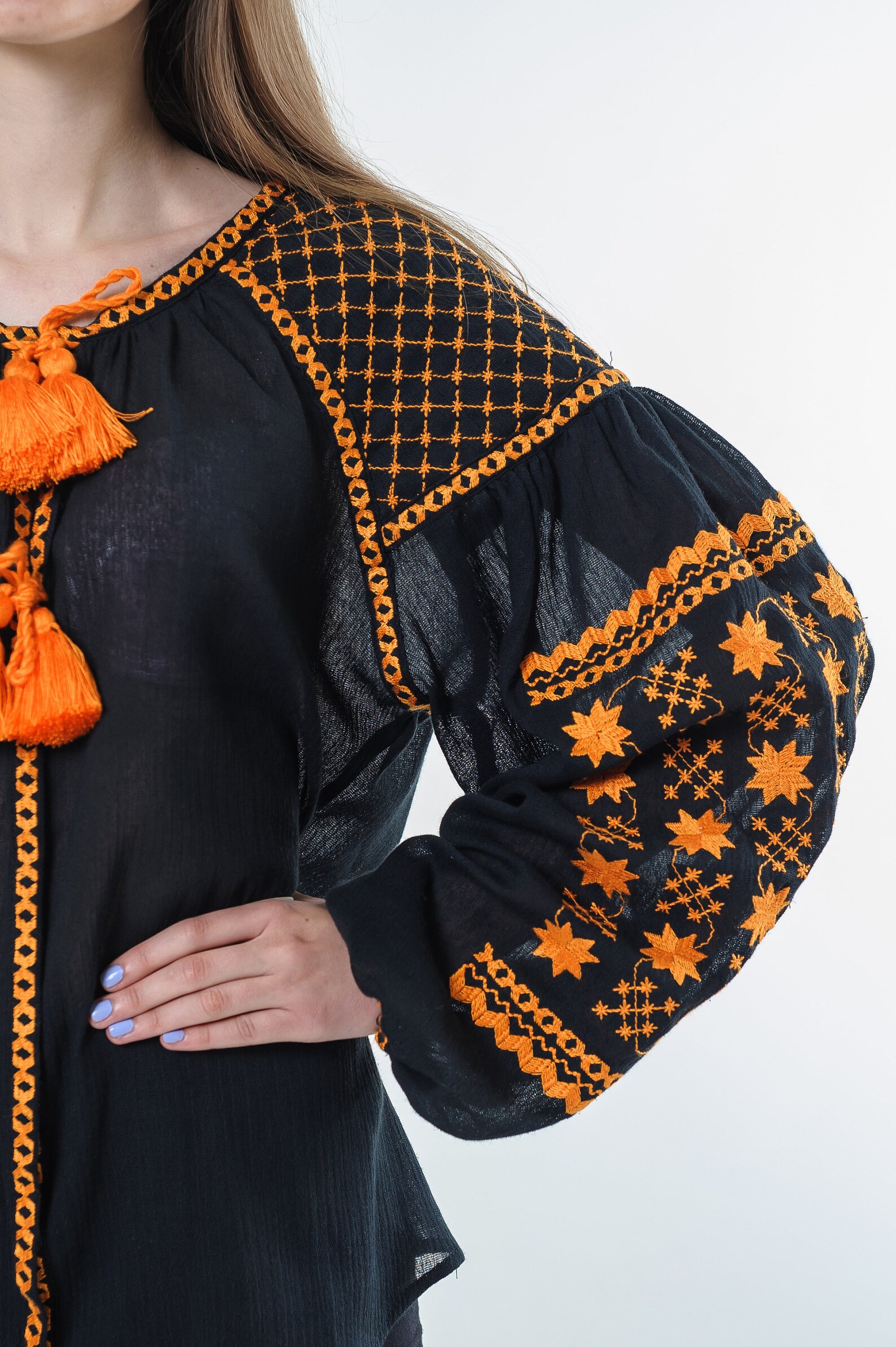 Black Linen Embroidered Blouse "starry Night": Orange Embroidery ...