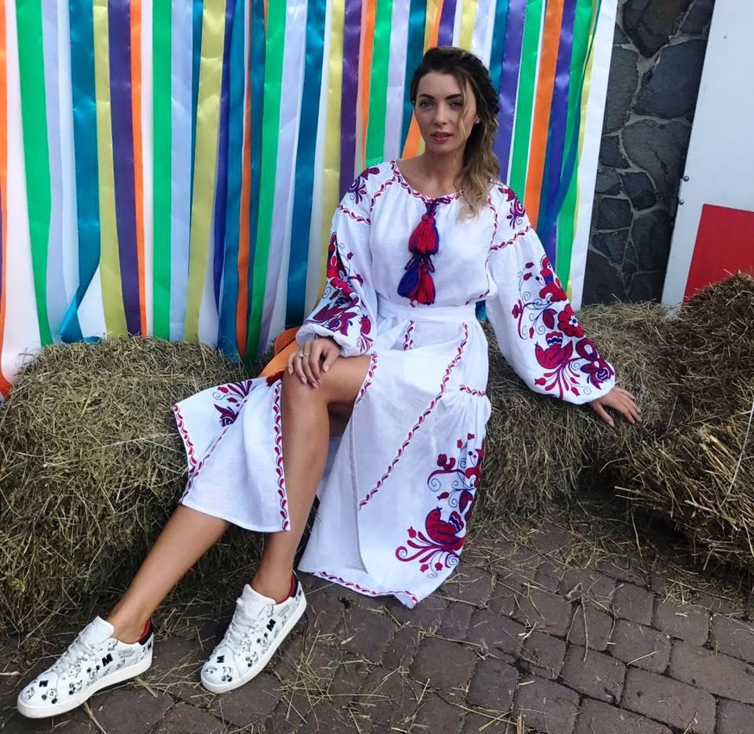 Ukraine Linen Embroidered Dress "birds" Midi White Kaftan With Red and ...