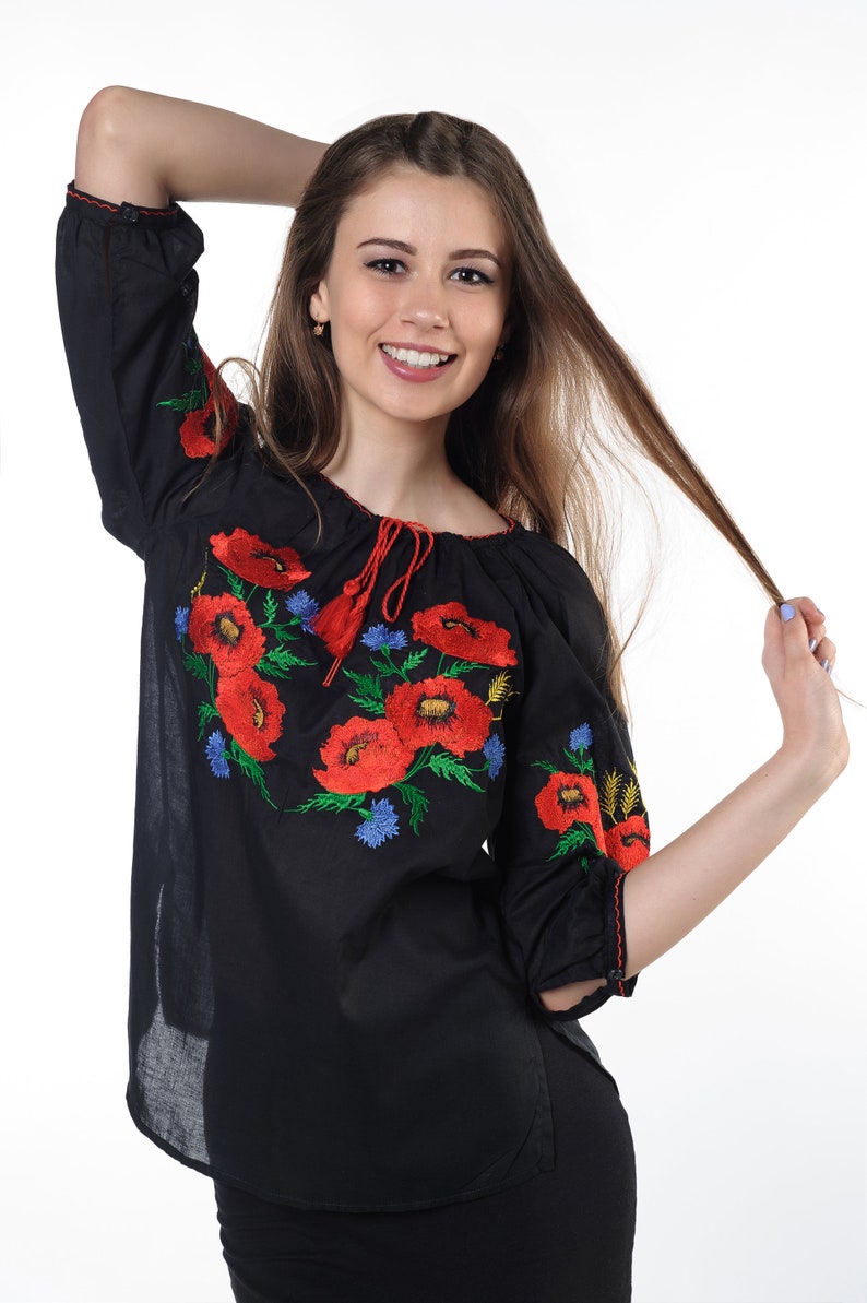Batiste Embroidered Blouse "poppy Flowers" Black: Traditional ...
