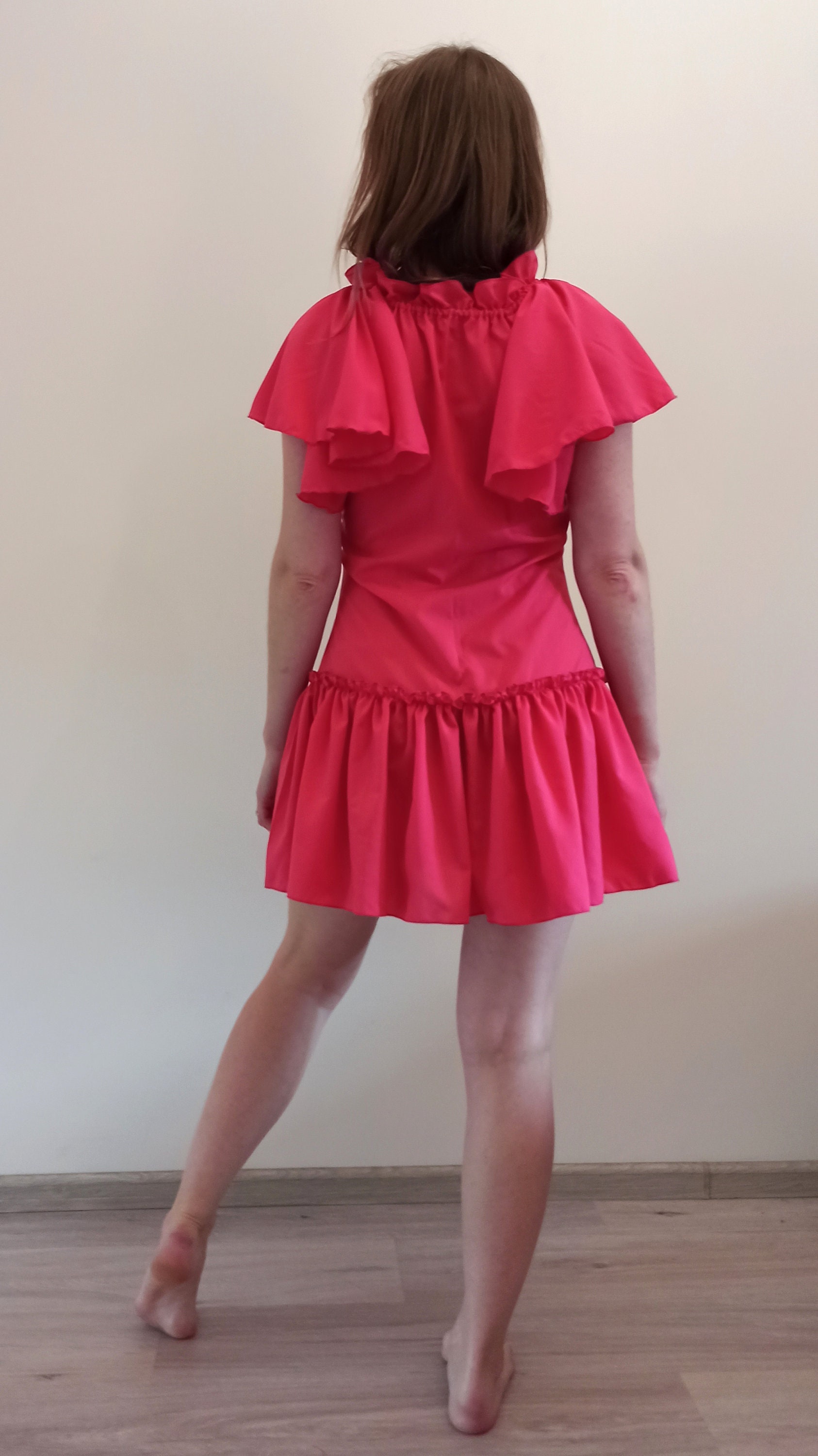 Frilled Sleeve Mini Dress with Ruffles Linen Fuchsia Frilled | Etsy