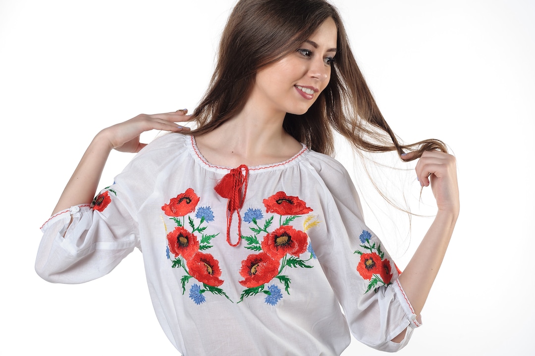 Batiste Embroidered Blouse poppy Flowers, Traditional Multycolour Satin ...