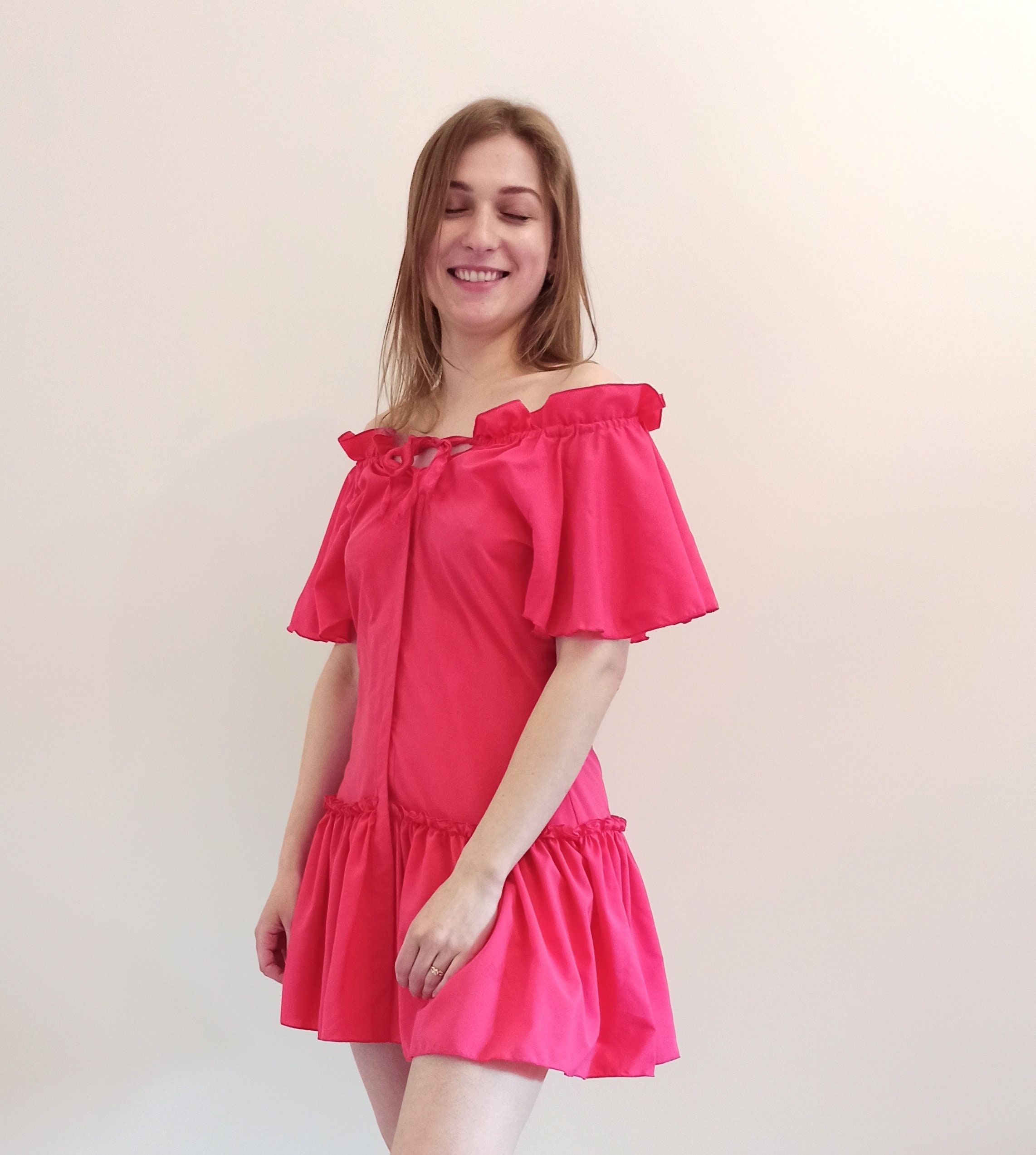 Frilled Sleeve Mini Dress with Ruffles Linen Fuchsia Frilled | Etsy
