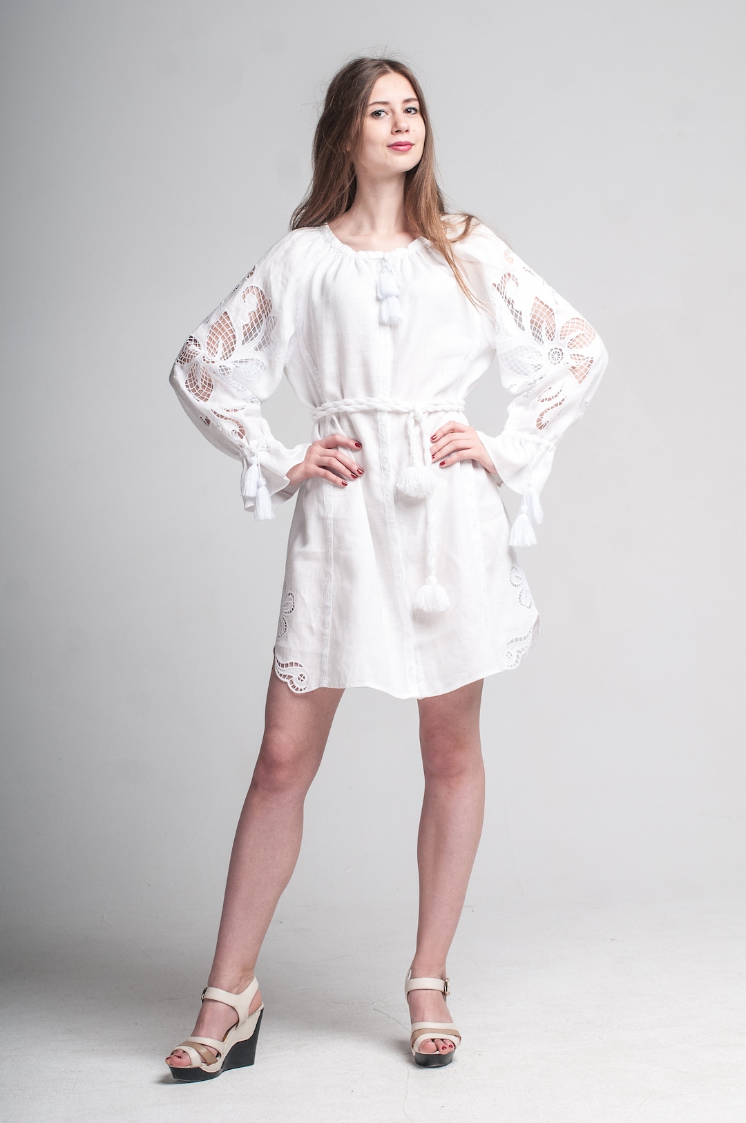 Linen Cutwork Embroidered Mini Dress "wonderflower" White, Linen Summer ...