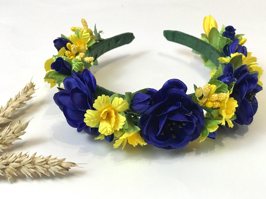 Ukrainian Diadem With Artificial Flowers, Flower Tiara, Blue and Yellow ...