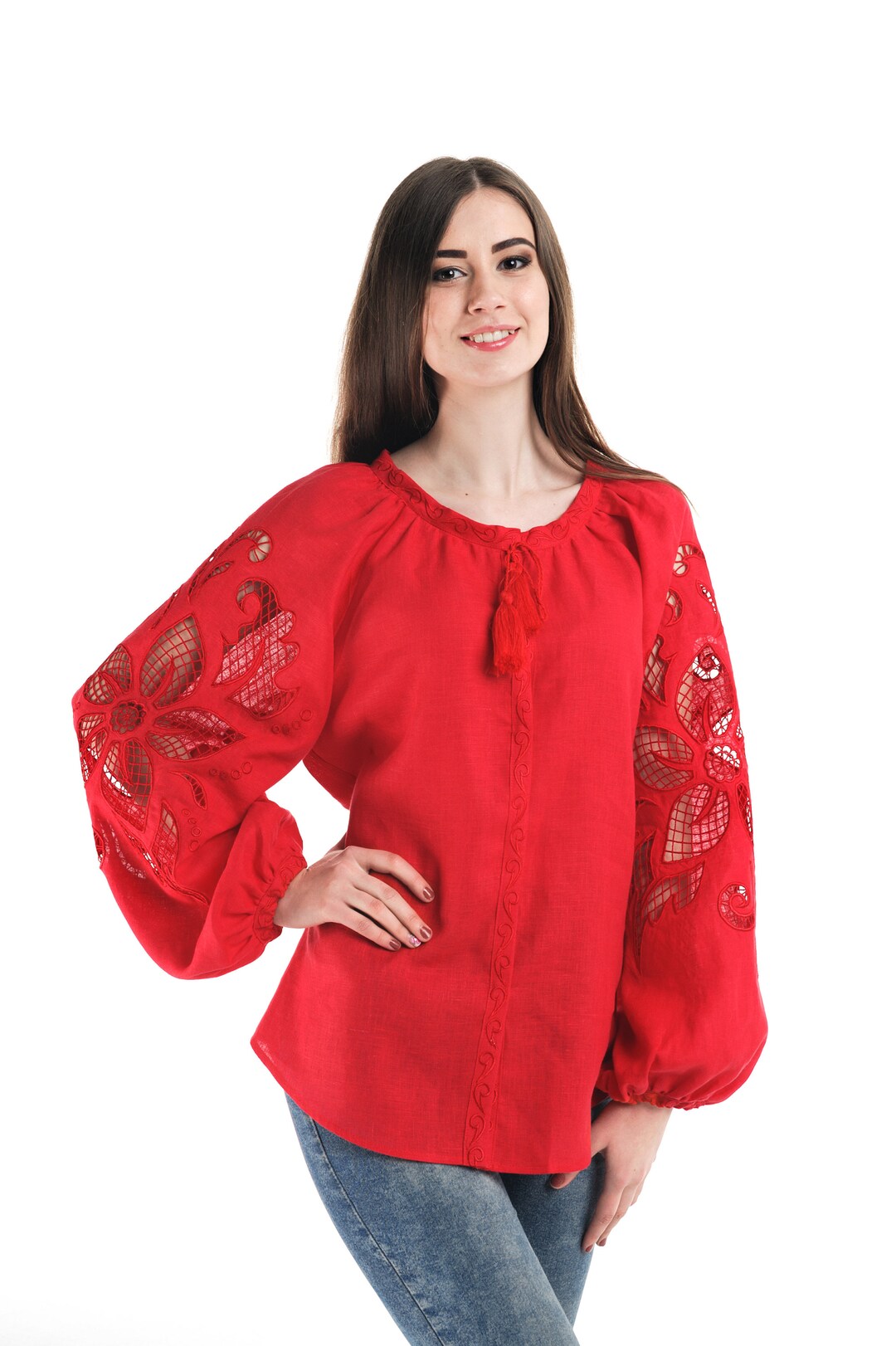 Hand Cutwork Embroidered Blouse "wonderflower" Red With Red Embroidery ...