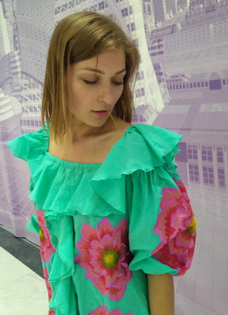 Batiste Embroidered Dress "wild Flower" Mini Mint With Multycolour ...