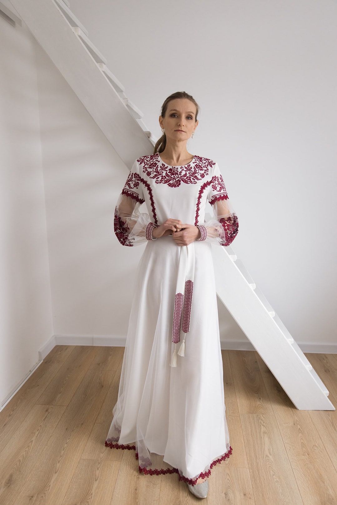 Ukraine Vyshyvanka Dress "falcon" Maxi White | Ukrainian Chiffon ...