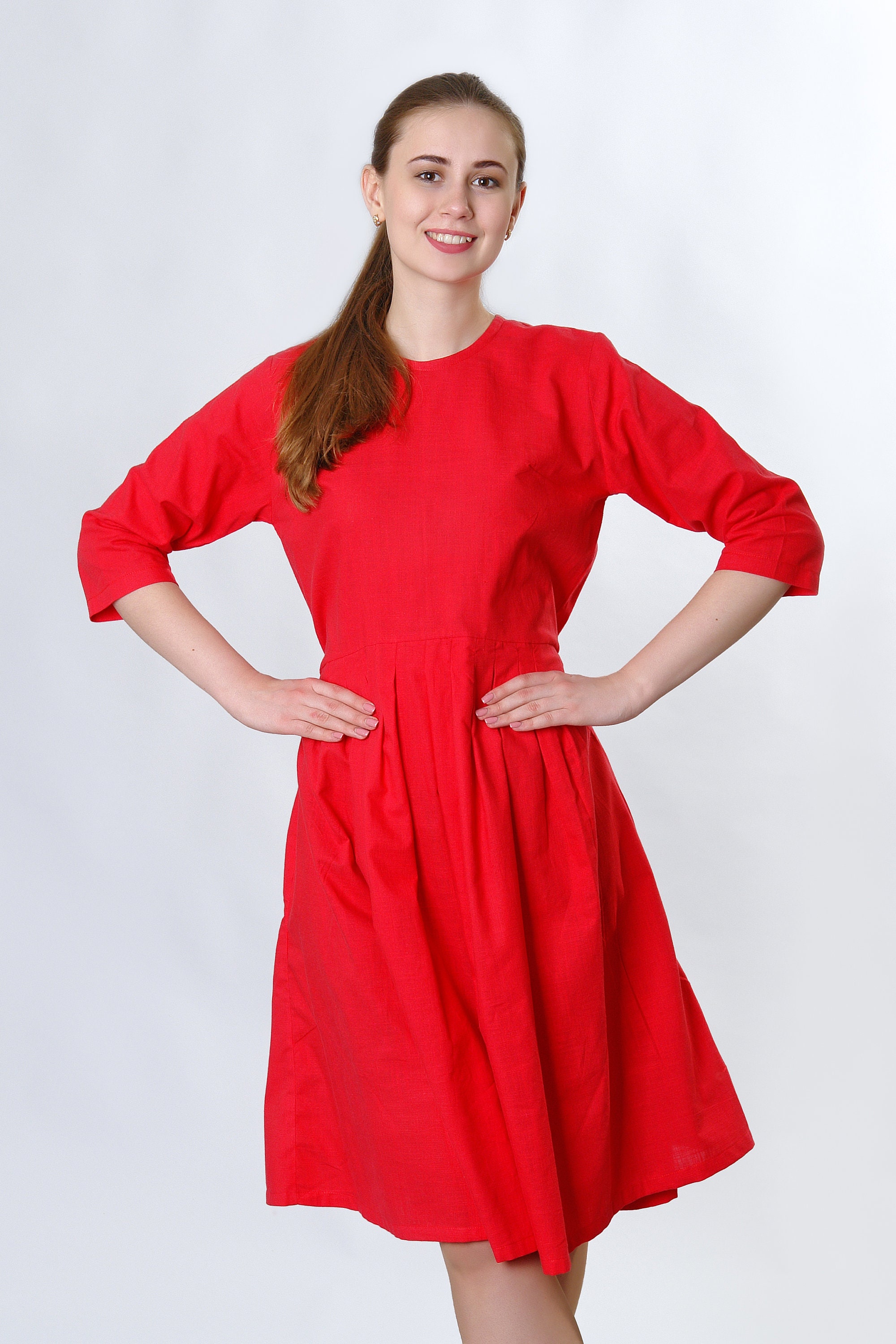 Soft cotton dress Midi loose fit belted dress Washed linen | Etsy