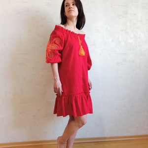 Linen Cutwork Embroidered Mini Dress "wonderflower" Red, Off-shoulders ...