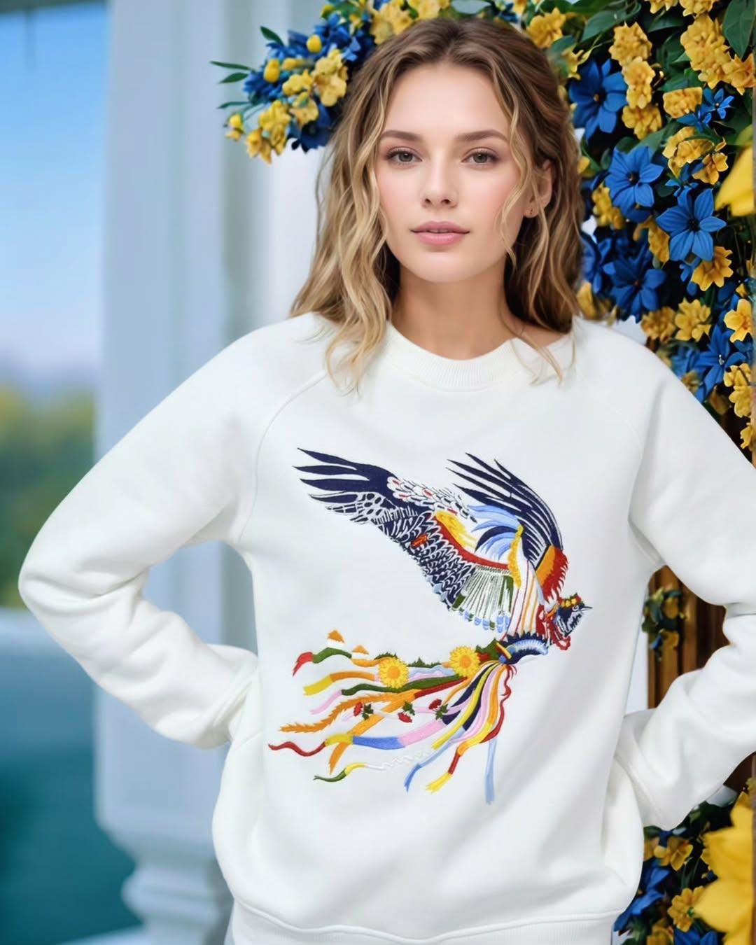 Hummingbird Embroidered Sweatshirt : White Cotton Warm Top, Embroidered ...