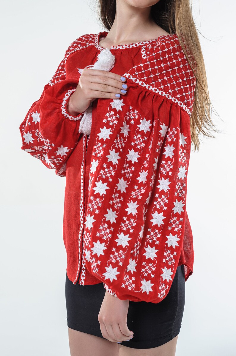 Llinen Embroidered Blouse starry Night Red With - Etsy