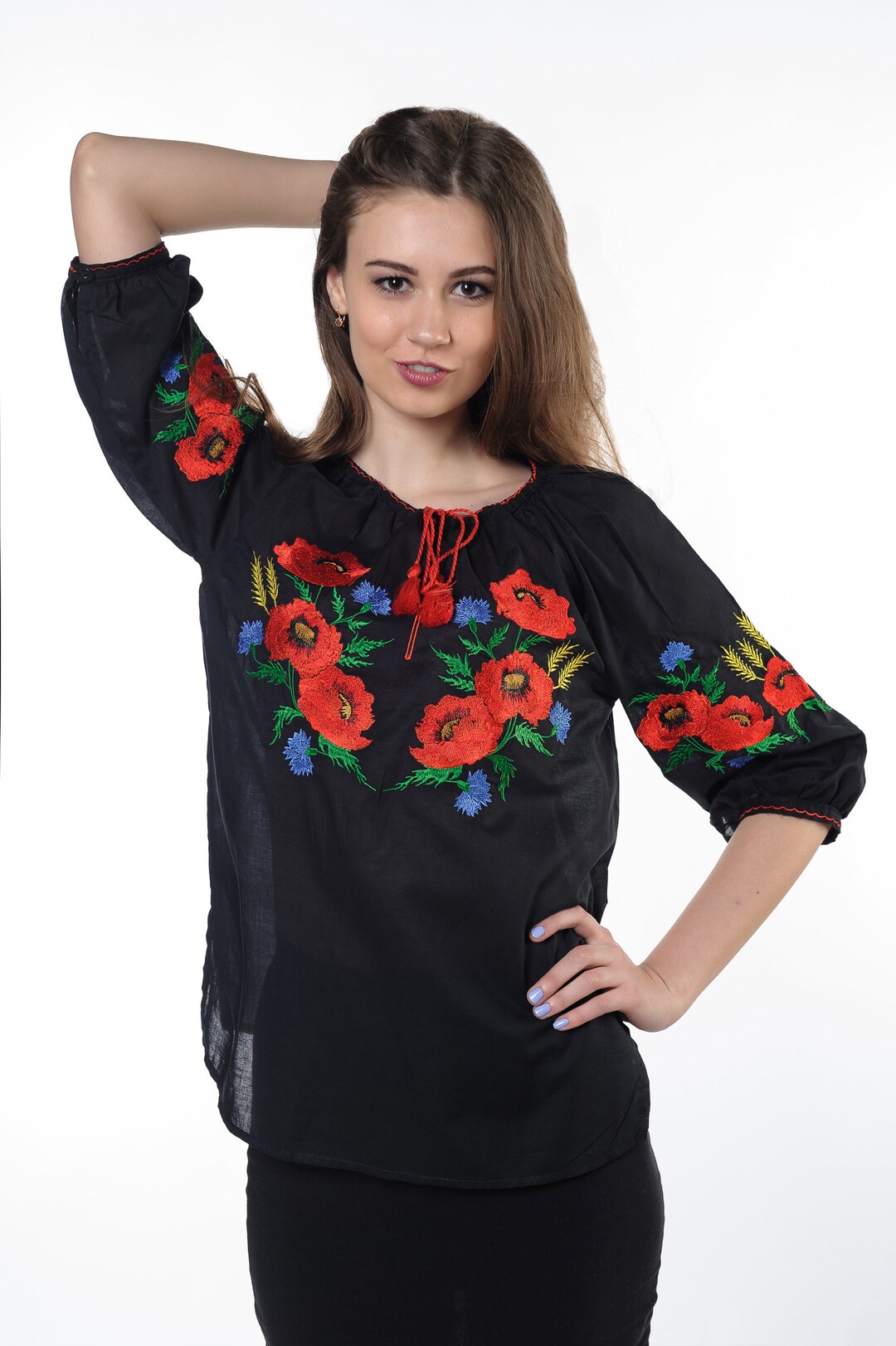Batiste Embroidered Blouse "poppy Flowers" Black: Traditional ...
