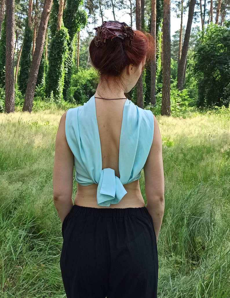 Сrop Top With Metal Ring Mint Halter Wrap Top Linen Halter - Etsy