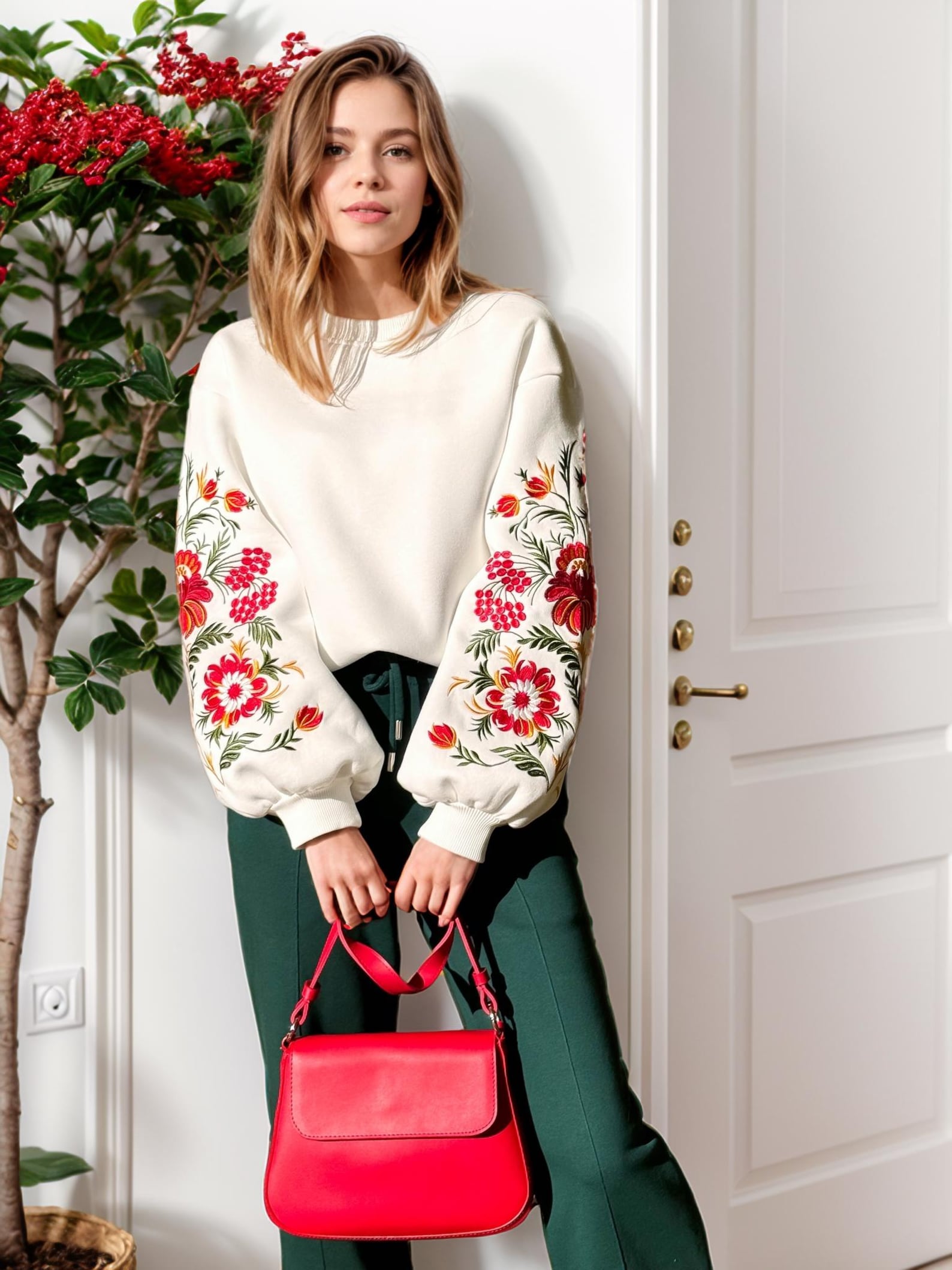 Floral Embroidered Sweatshirt: White Cotton Warm Top, Embroidered ...
