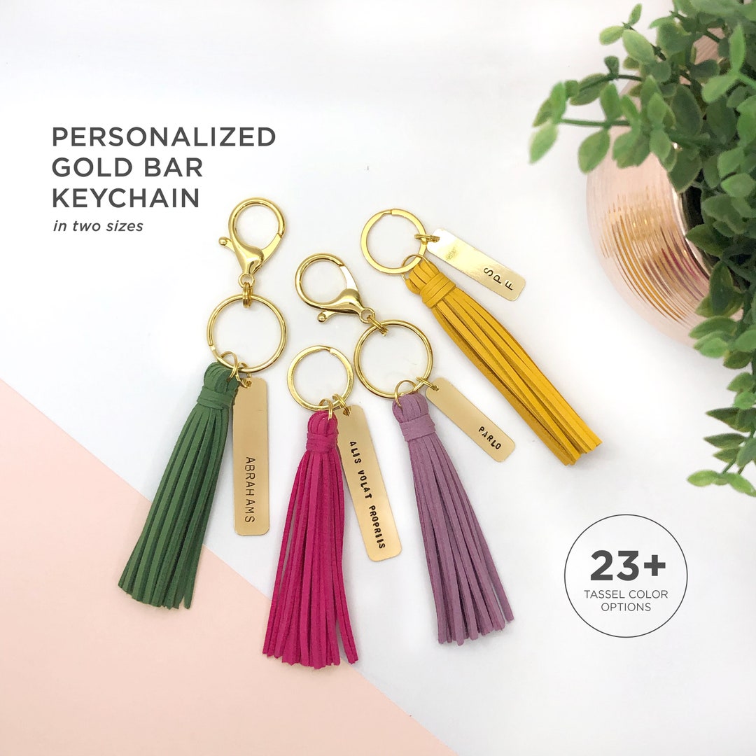 Personalized Gold Bar Keychain With Suede Tassel | 23+ Color Options - Etsy