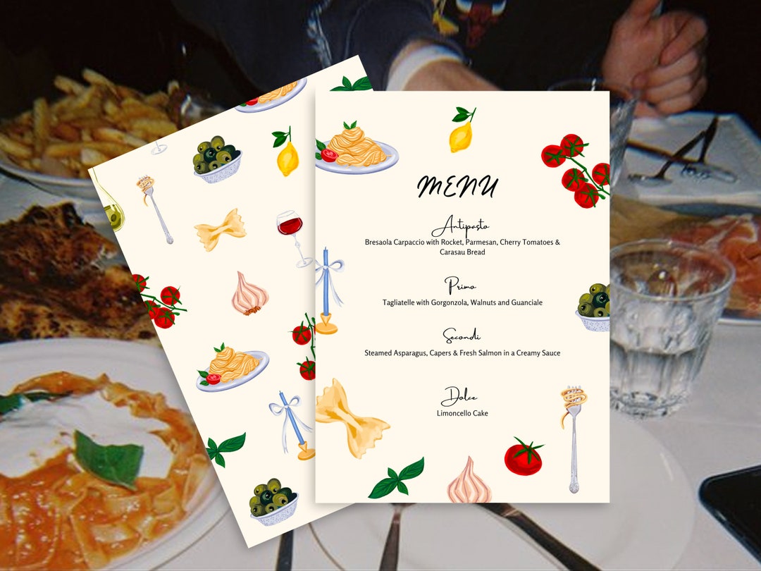 MENU, Italian Dinner Party, Pasta, Hand Drawn Illustration, Carbone ...
