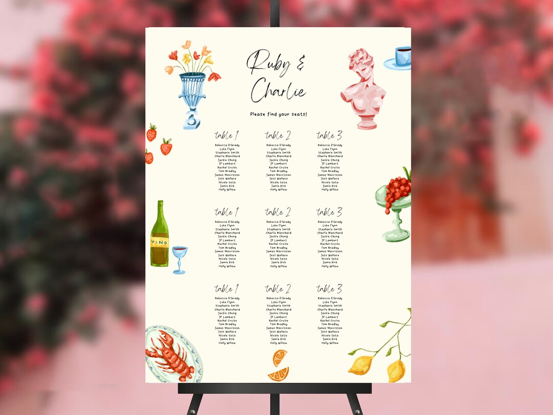 SEATING CHART, Italian Mediterranean Dinner Party, Wedding Reception ...