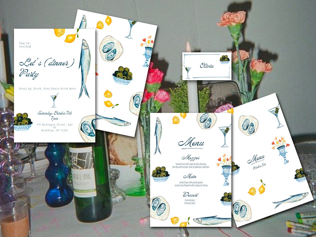 DINNER PARTY BUNDLE Template | Menu | Place Cards | Invitation ...