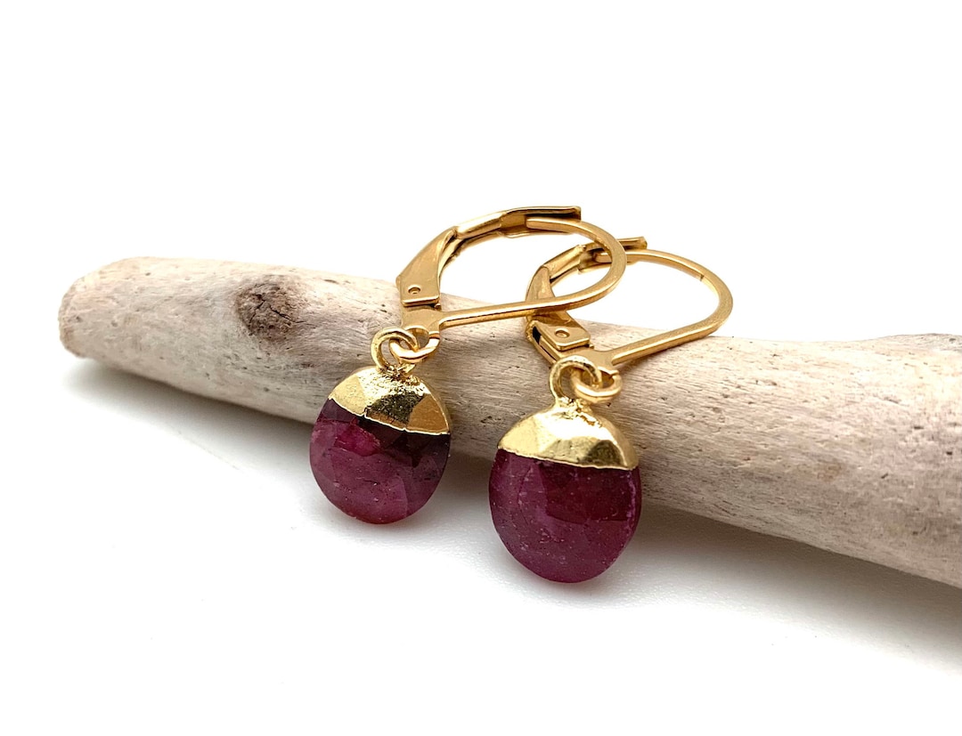 Ruby Gold Earrings / Little Ruby Dangly Earrings / Natural Ruby ...