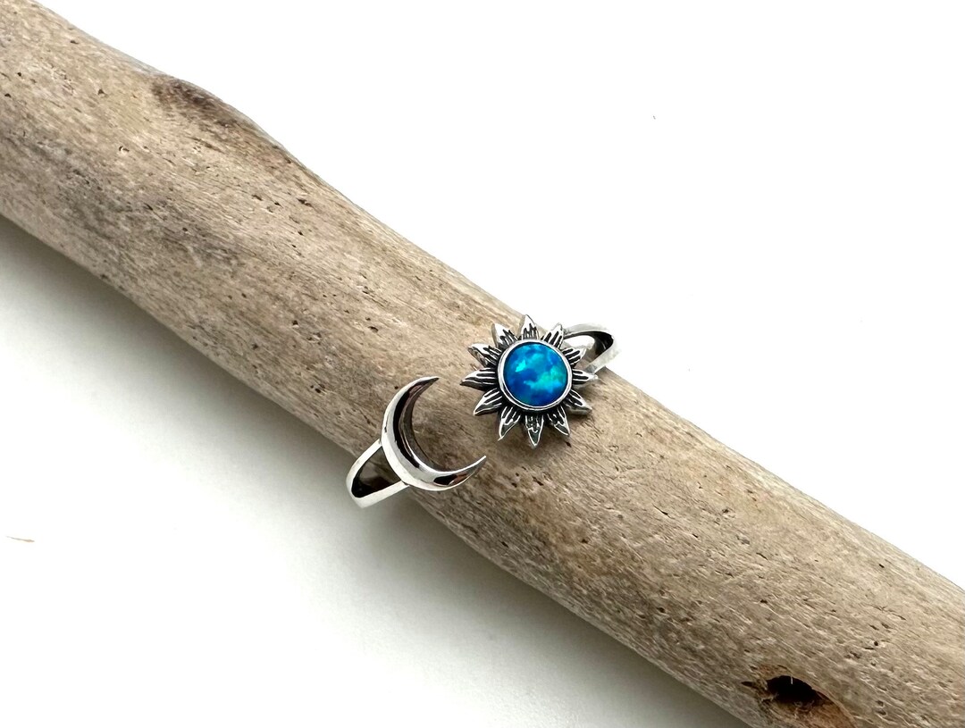Silver Blue Opal Crescent Moon Sun Ring 4-10 / Blue Opal Ring / Moon ...