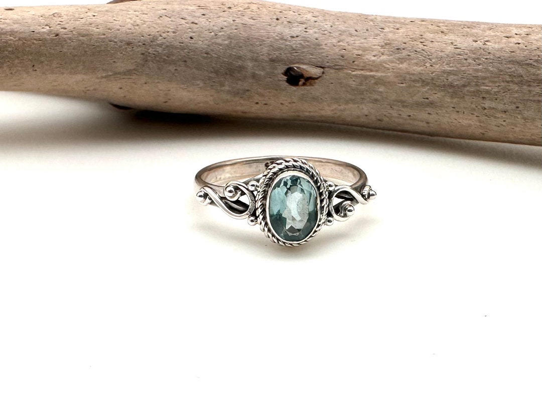 Blue Topaz Silver Ring / Blue Topaz Sun Bead Ring / Natural Blue Topaz ...