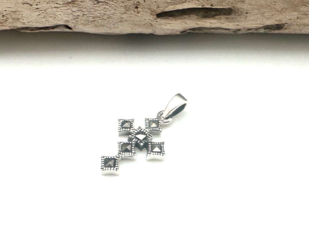 Silver Marcasite Cross Pendant / Sterling Cross Necklace 23mm / Vintage ...