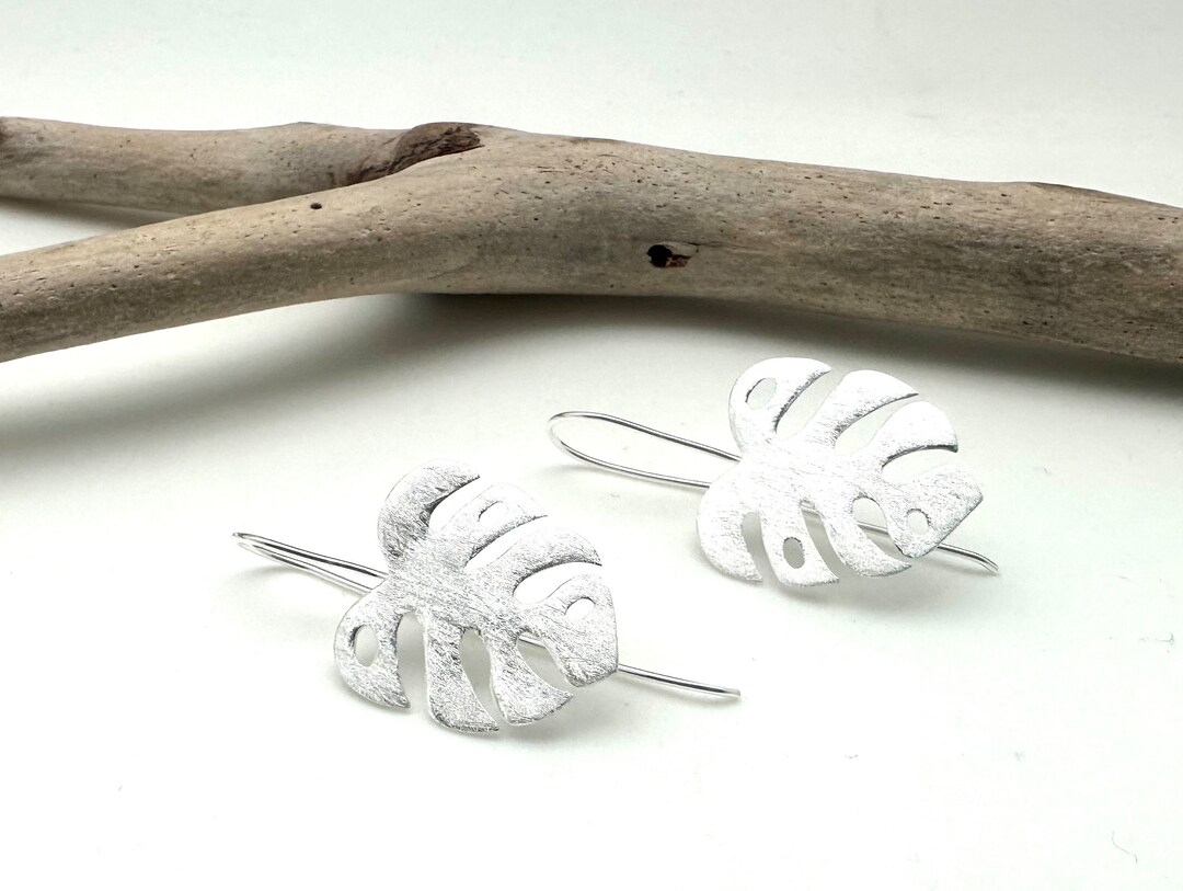 Monstera Leaf Silver Earrings 40mm / Sterling Monstera Leaf Earrings / Tropical Leaf Threader ...