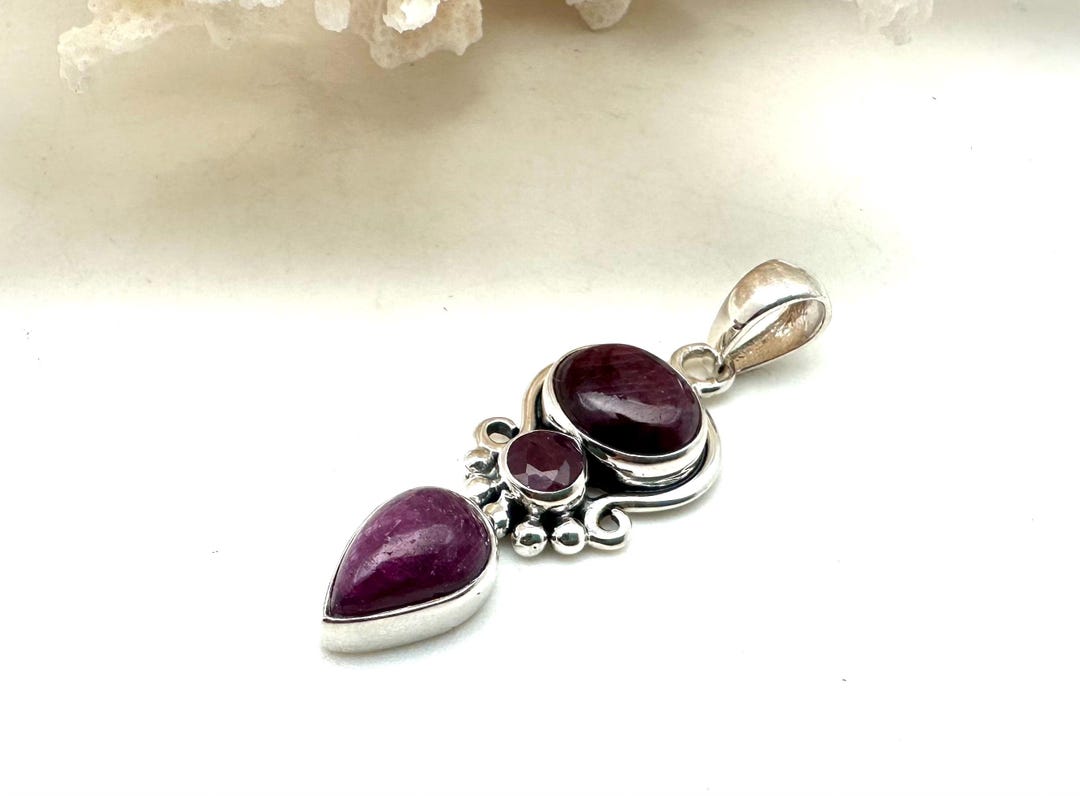 Ruby Silver Pendant 33mm // Multistone Ruby Pendant // Natural Ruby ...