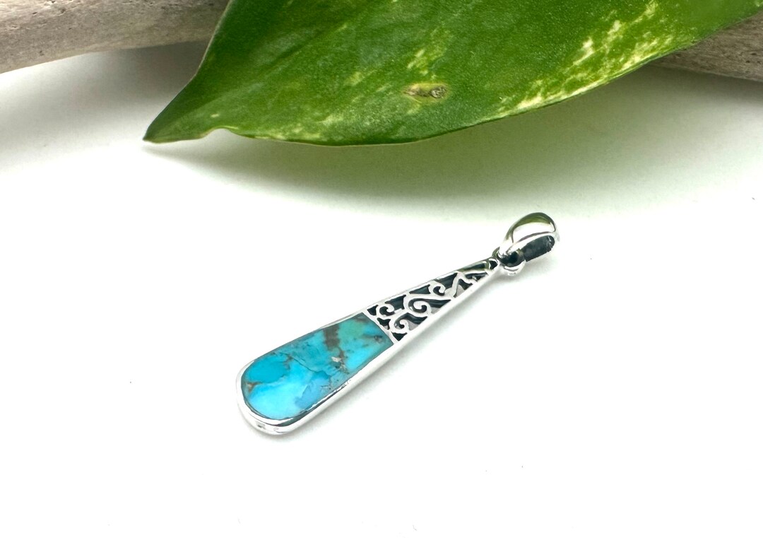 Turquoise Long Silver Pendant 33mm / Natural Blue Turquoise Pendant ...