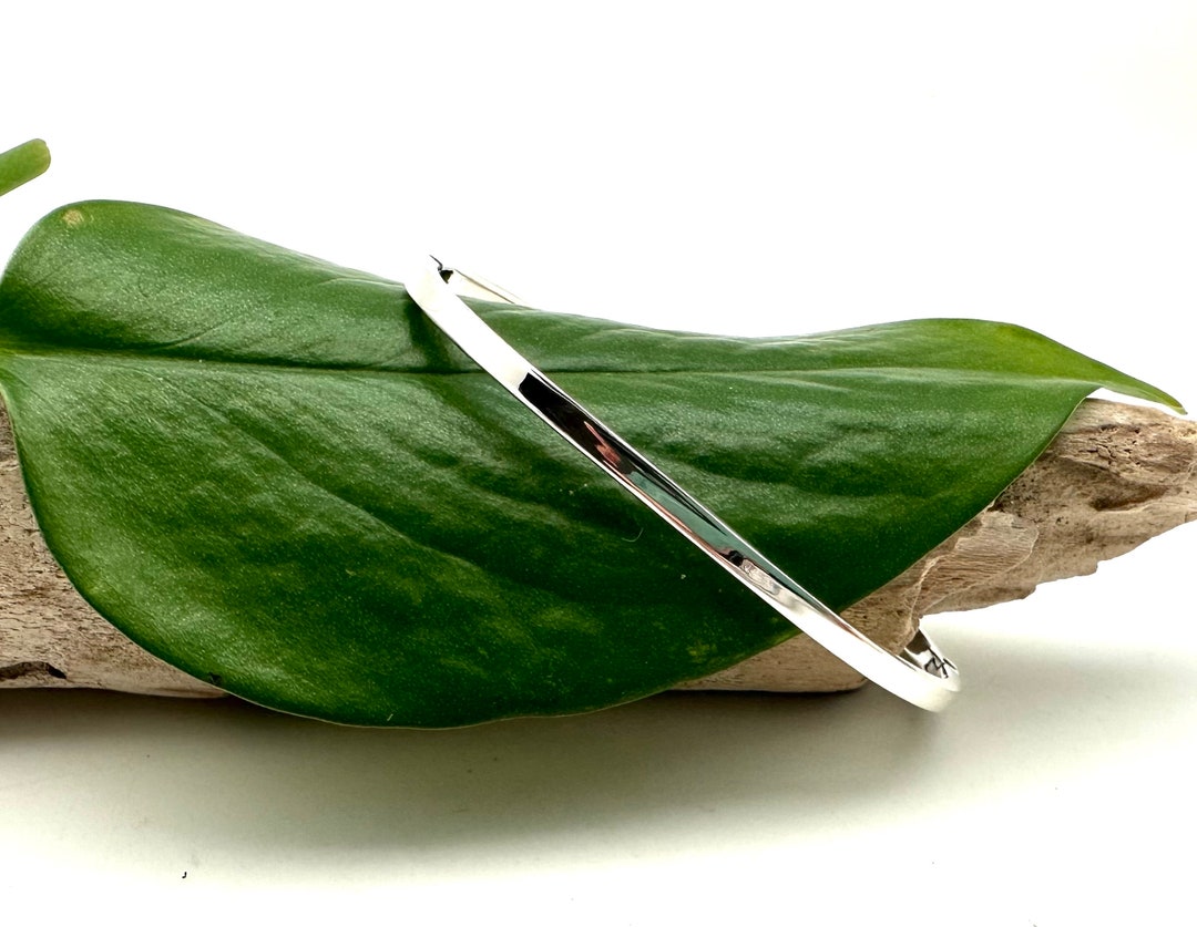 Silver Oval Bangle / Oval Solid Silver Hinged Bangle Size 7" / Squared Plain Bangle Bracelet ...