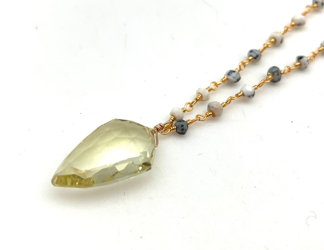 Dendritic Opal Necklace / Lemon Quartz and Dendrite Opal / 18" Dendrite ...