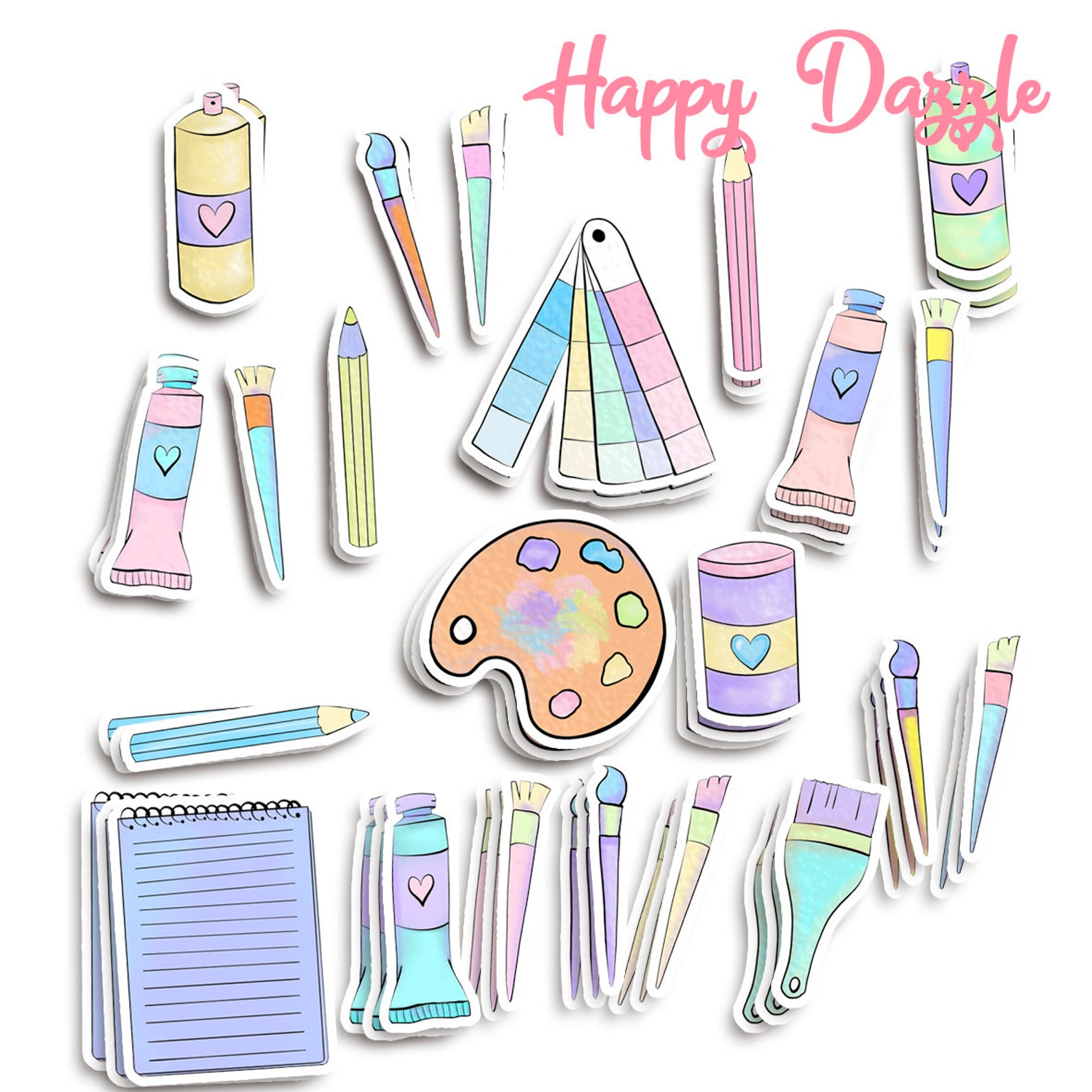 Cute art supplies sticker set. Pastel pencils brush spray | Etsy